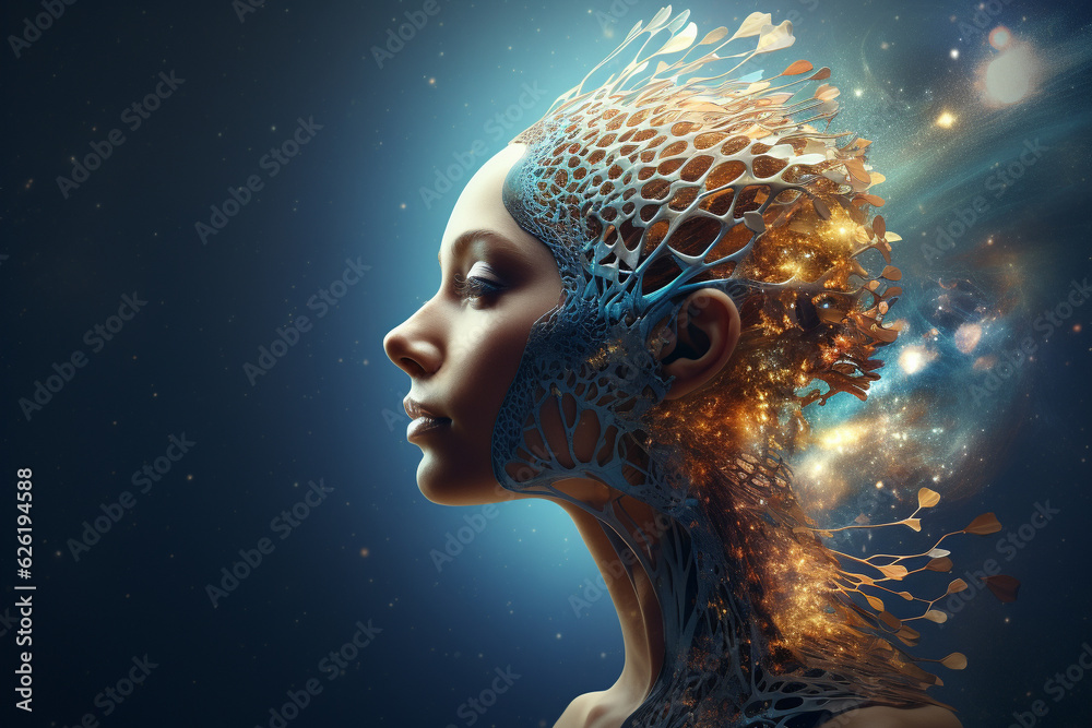 Woman enveloped by an expansive universe of thoughts, memories, and ...