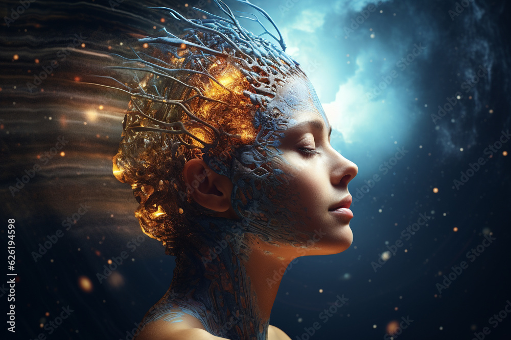 Woman enveloped by an expansive universe of thoughts, memories, and ...