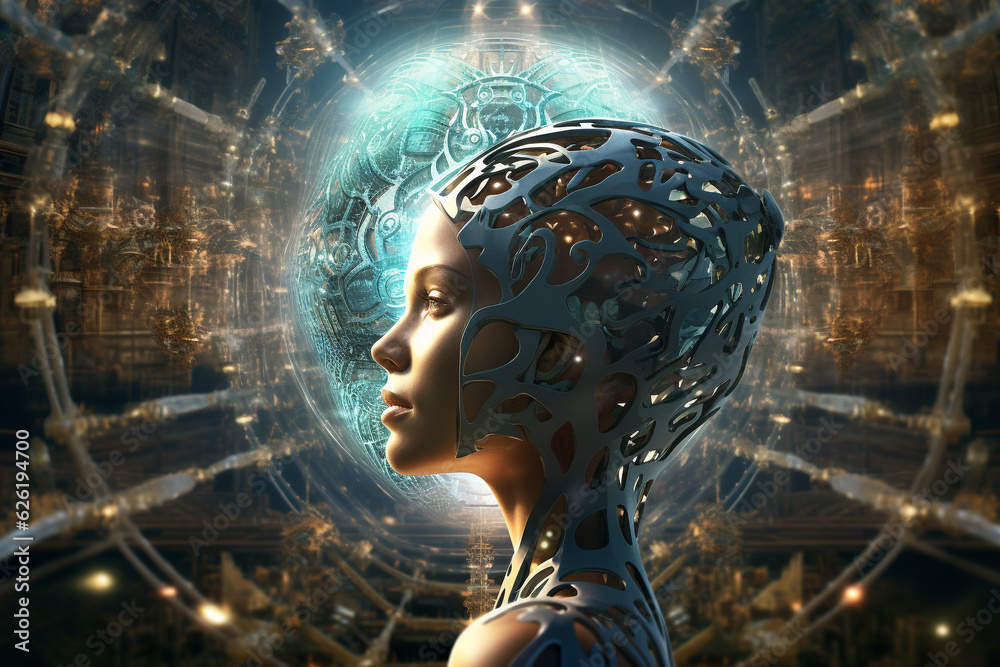 Woman enveloped by an expansive universe of thoughts, memories, and ...