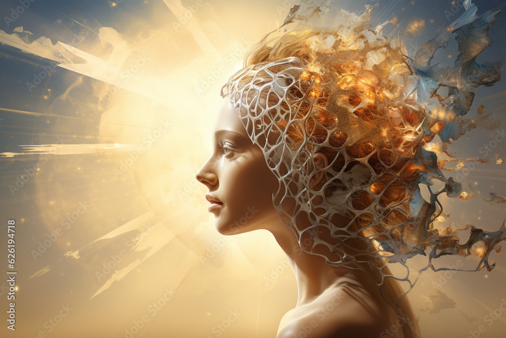 Woman enveloped by an expansive universe of thoughts, memories, and ...