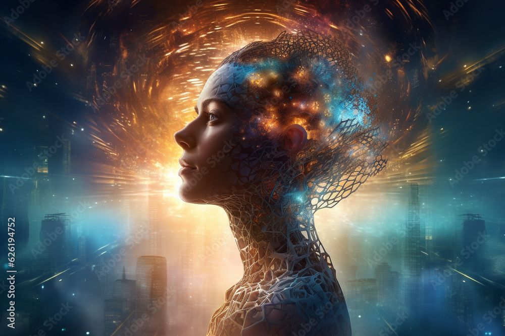 Woman enveloped by an expansive universe of thoughts, memories, and ...