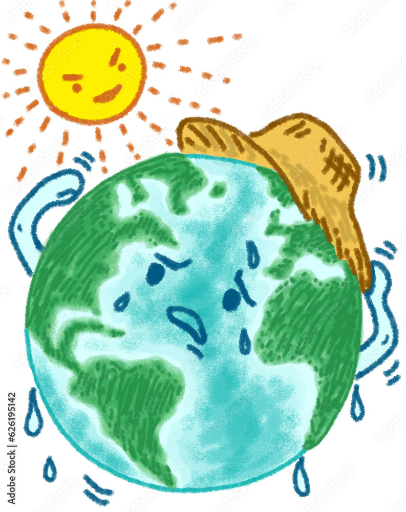 Cute planet earth wearing sun hat with sun, tired, hot, sweaty. Global ...