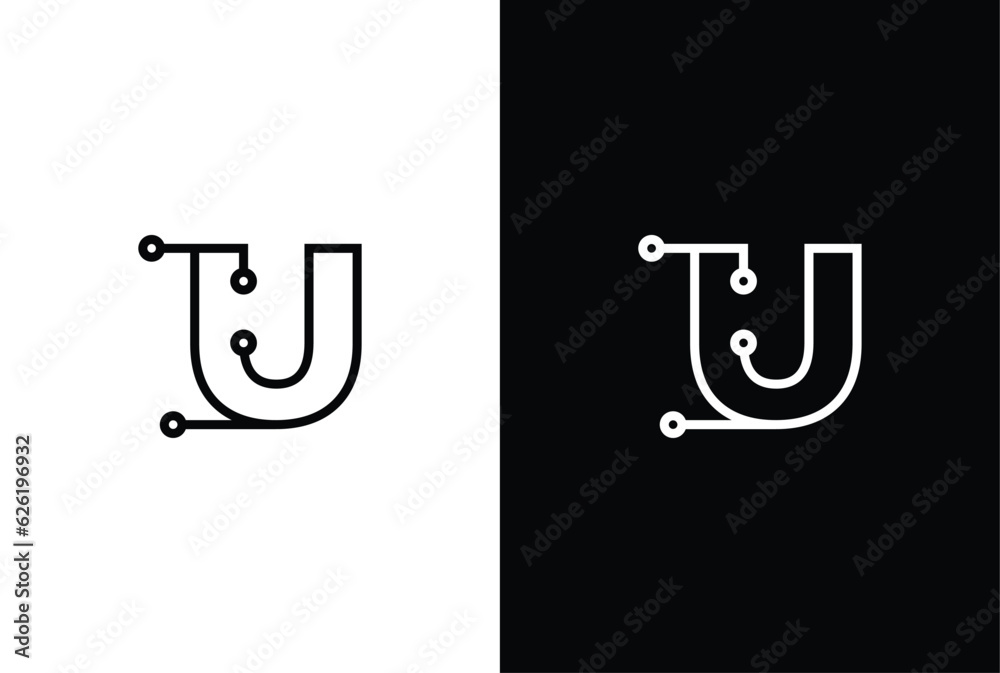 Letter U tech letter design. Technology abstract dot connection cross ...
