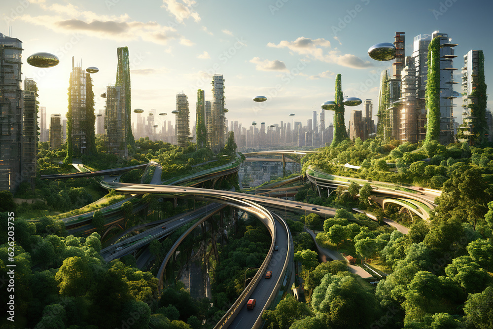 Splendid eco-futuristic cityscape, futuristic urban forest estates city ...