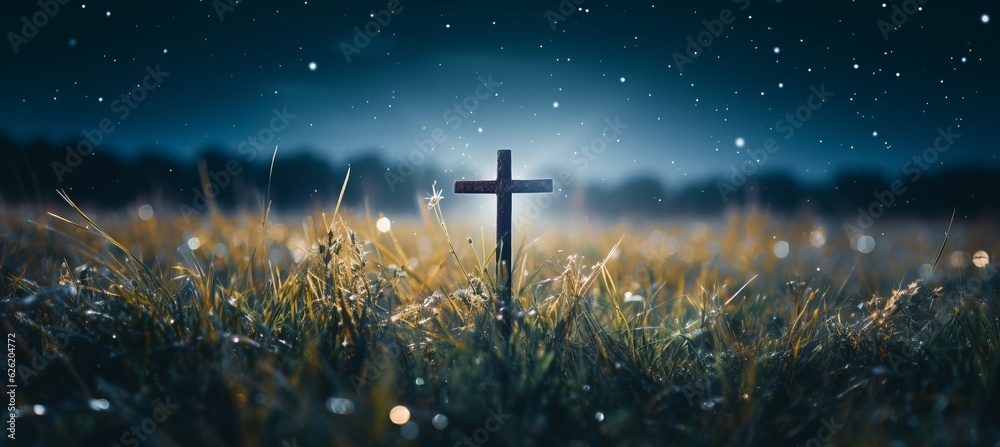 Cross Jesus symbol on the night grass melancholic background ...
