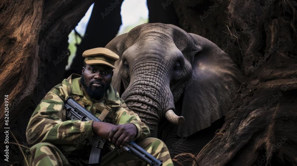 Ivory poaching awareness, military man with a gun in front of elephant ...