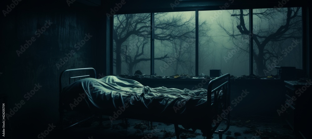Horror haunted hospital room on dark melancholic night background ...
