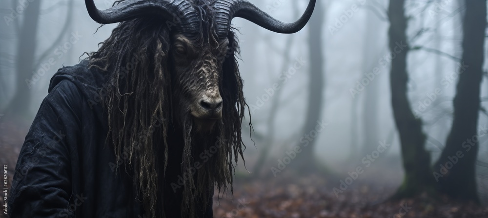 Monster baphomet creepy creature at haunted foggy forest background ...