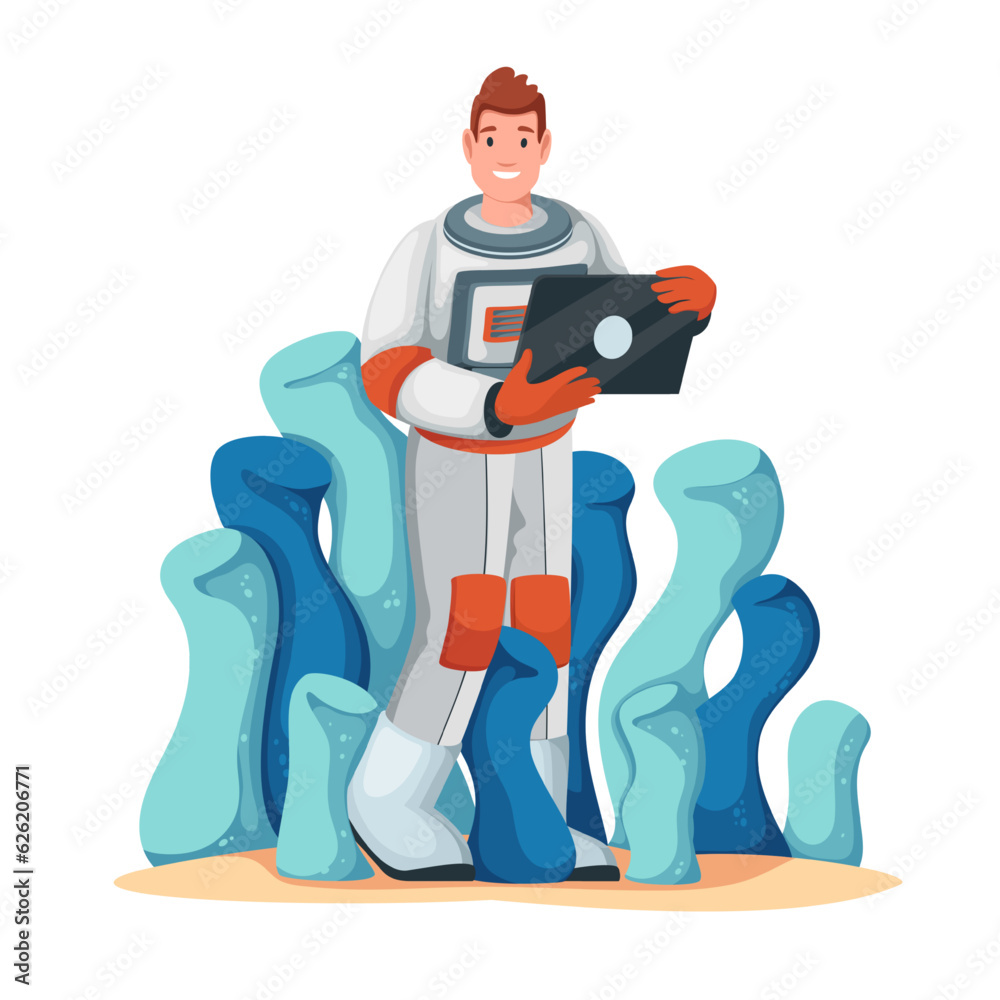 Astronauts research on alien planet vector illustration. Cartoon ...