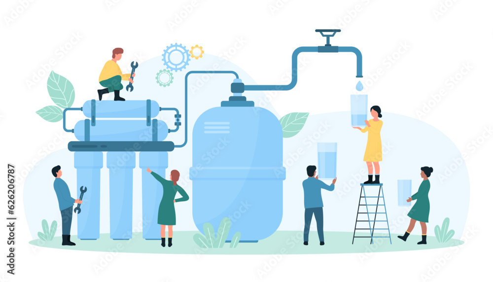 Water purification service vector illustration. Cartoon tiny people ...