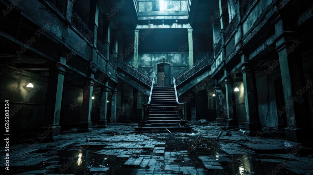 Deserted, haunted asylum with lingering phantoms. Halloween concept for ...