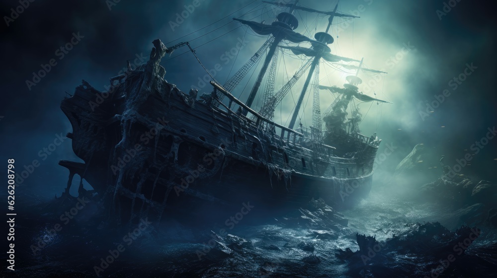 Haunted shipwreck emerging from the misty ocean. Halloween concept for ...
