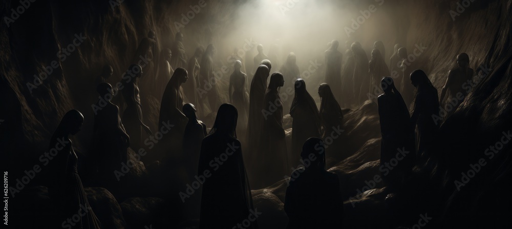 Creepy creature group do demonic ritual at dark background. Generative ...
