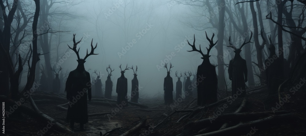 Creepy black cult at haunted foggy forest background. Generative AI ...