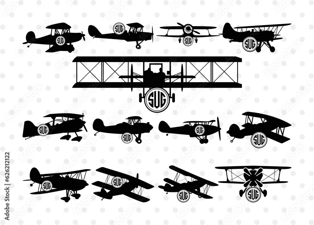 Biplane Circle Monogram, Biplane SVG, Plane Svg, Aircraft Svg, Airplane ...