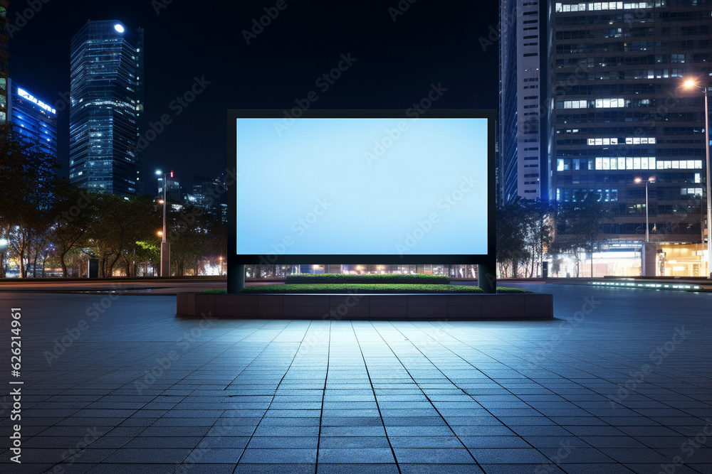 Blank digital ad screen set in a futuristic high-tech smart city ...