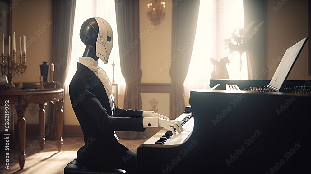 Elegant Robot Playing Classical Piano in a Classical Mansion, AI ...