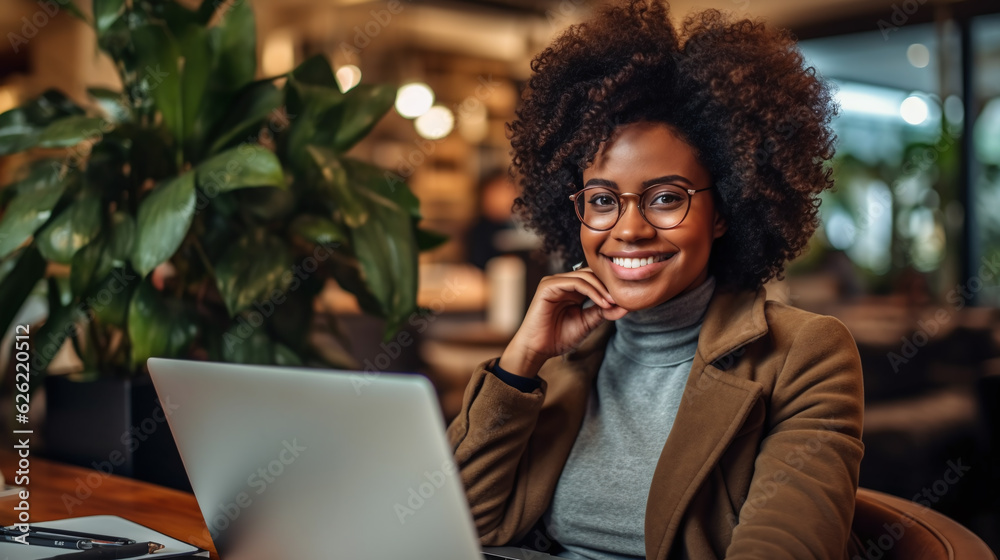 Young woman working on laptop, girl freelancer or student with computer ...