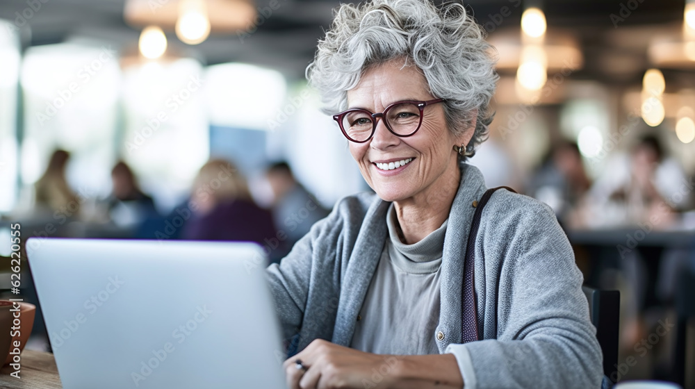 Old granny woman working on laptop computer in cafe at table. Senior ...