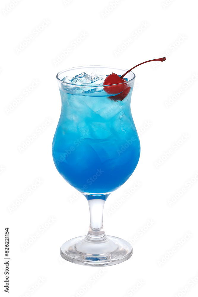 Blue cocktail with ice and cherry in a Poco Grande Glass isolated on ...