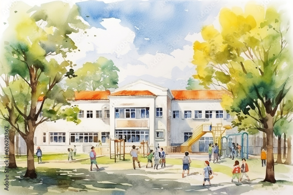 Watercolor painting of a school building with children playing in the ...