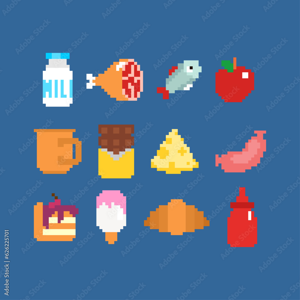 Food icon pixel art set. pixelated food sign. 8 bit Symbol for mobile ...
