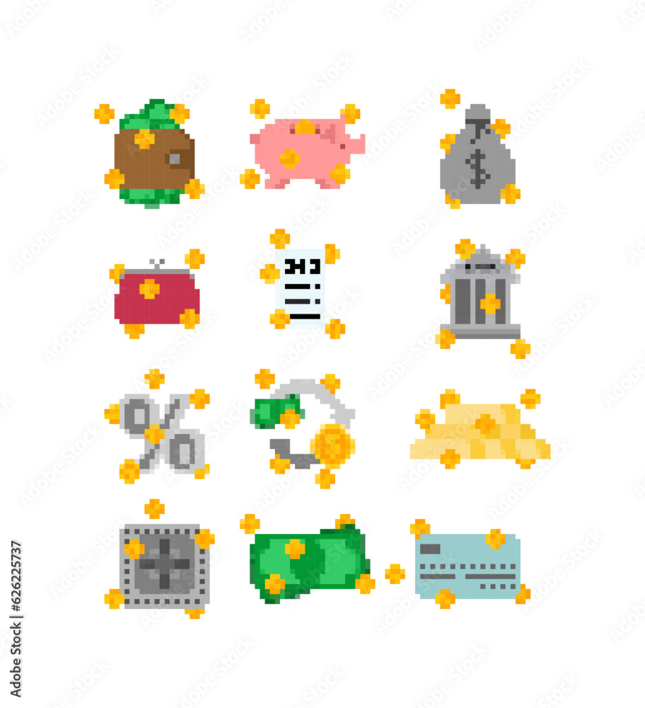 Finance icon pixel art set. 8 bit Sign for banking application Stock ...