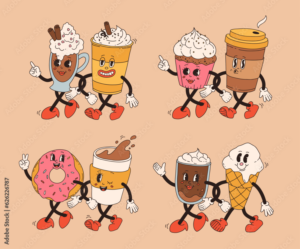 Collection cute cartoon characters of coffee takeaway and pastries ...