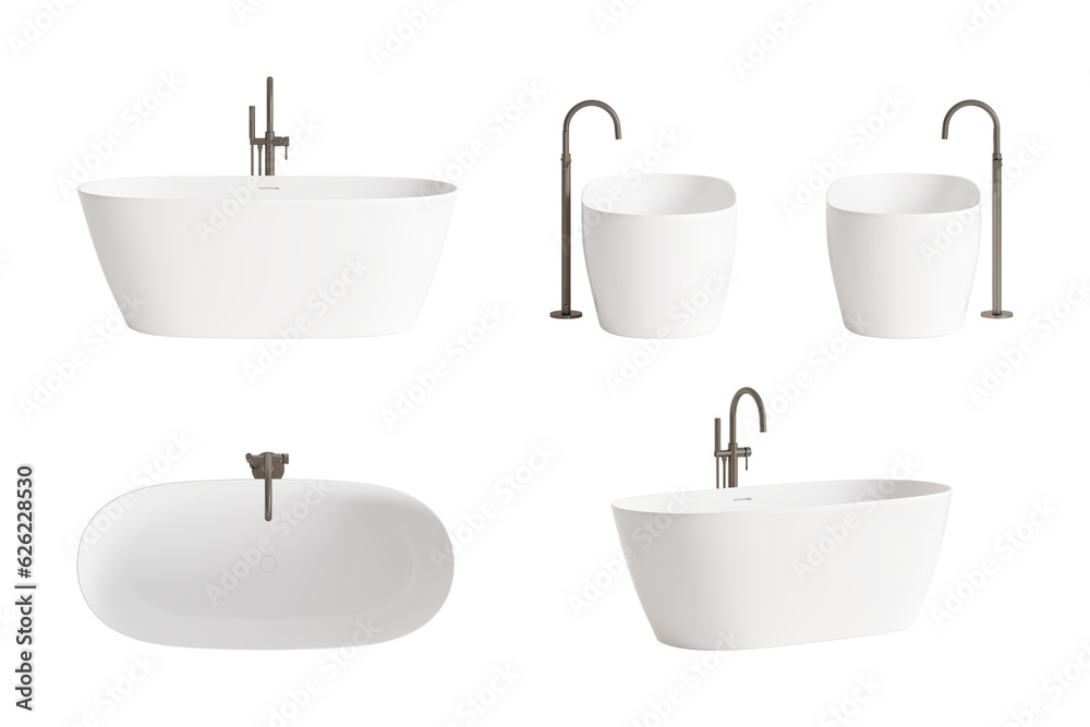 Set of five angles of a modern white freestanding bathtub with a matte ...