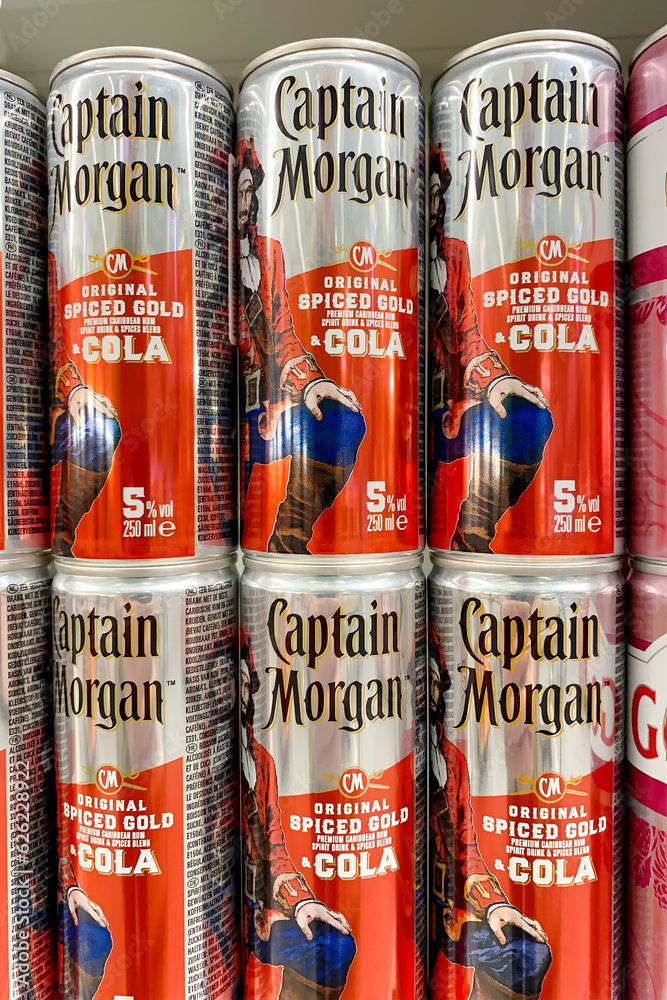 Kyiv, Ukraine, 13 July, 2023: - Cans of Captain Morgan Spiced Gold Rum ...