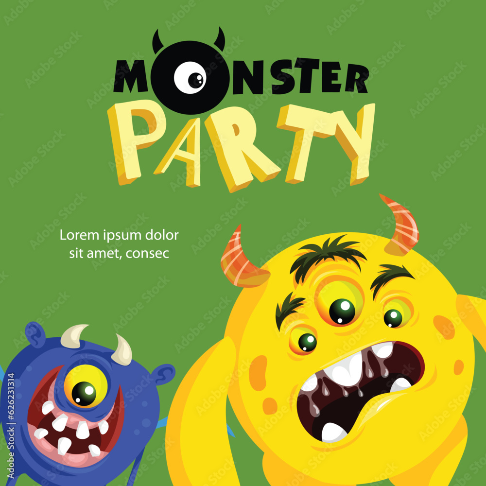 Monster Party banner design template. Cute cartoon monster mascots ...