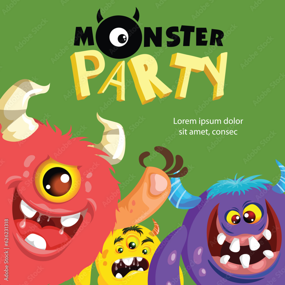 Monster Party banner design template. Cute cartoon monster mascots ...