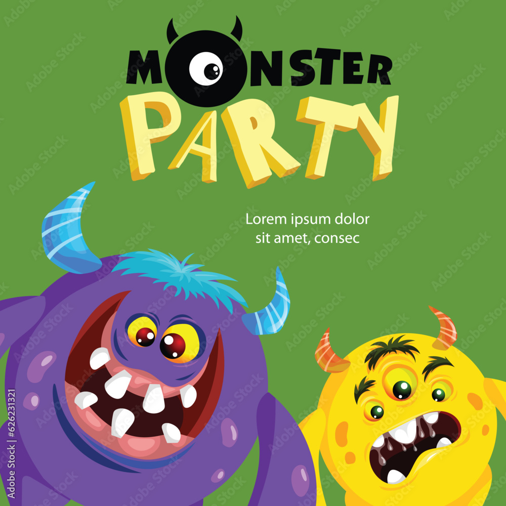 Vektorová grafika „Monster Party banner design template. Cute cartoon ...