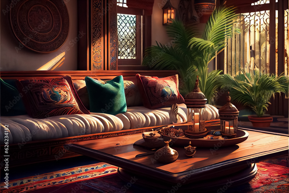illustration of Islamic style living room interior design with window ...
