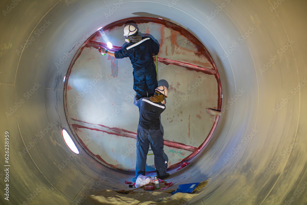 Working male two inspection weld PT test weldment for finding defect ...