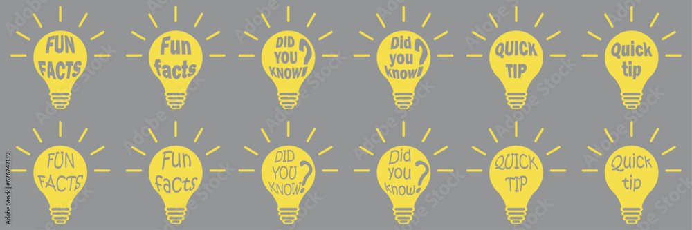 Set of badges or buttons on light bulb background. Labels quick tip ...