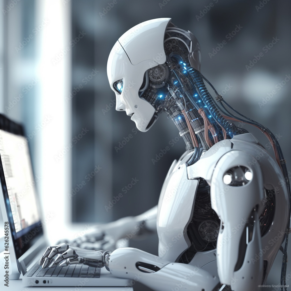 Futuristic Robot working on a computer in a server room. Cyborg sitting in front of a monitor ...