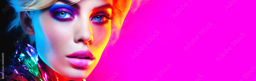 Fashion model woman face with fantasy art make-up. Bold makeup, glance ...