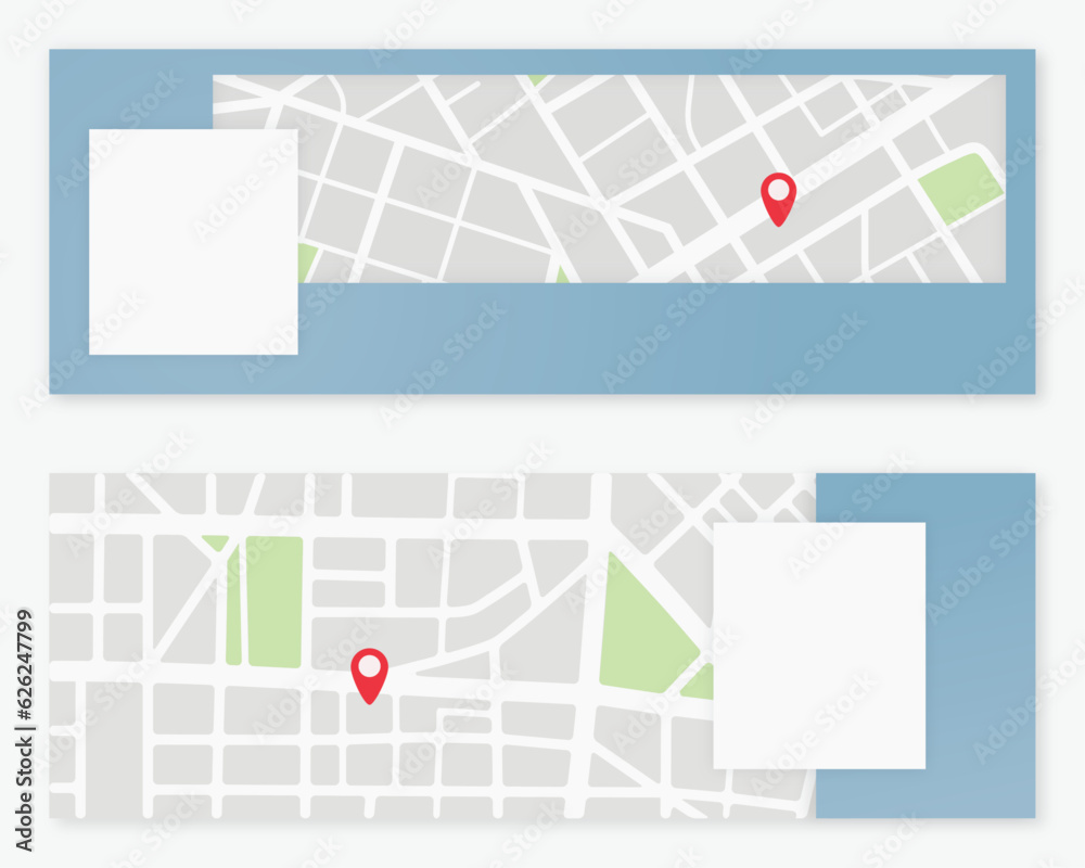 City map wide banner set, town map with red destination mark ...