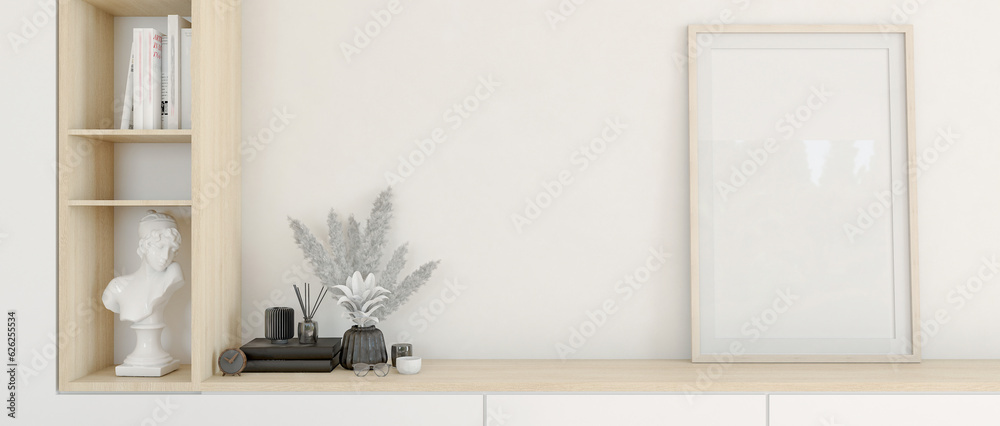 Modern living room features white wall, statue, and picture frame ...