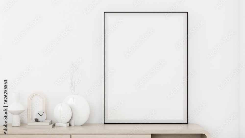 Modern living room features white wall, statue, and picture frame ...