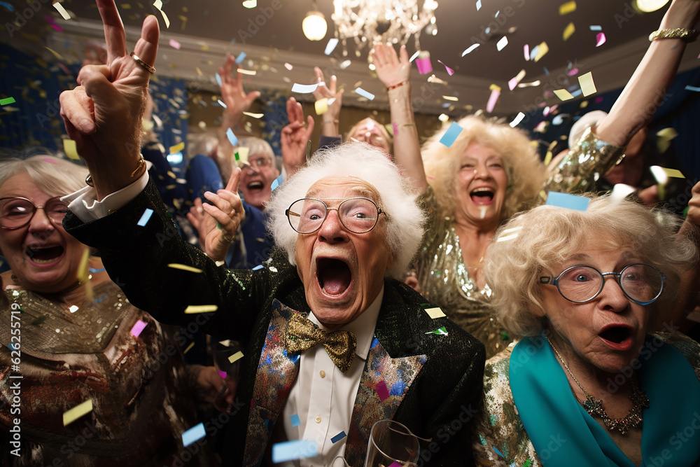 Funny seniors having party on special event. Elderly people celebrating ...