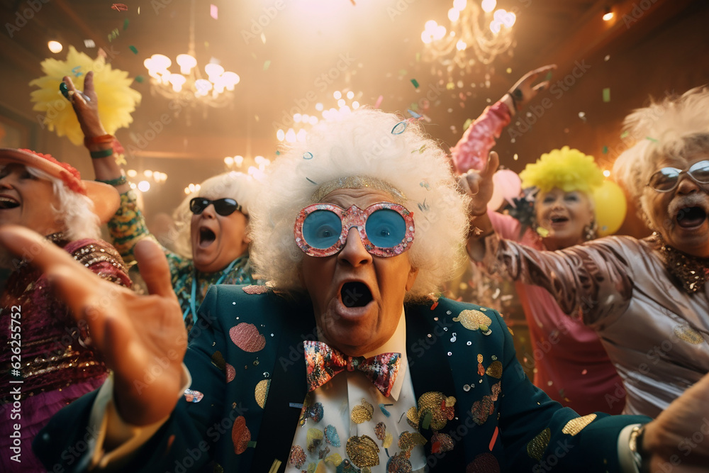 Funny seniors having party on special event. Elderly people celebrating ...