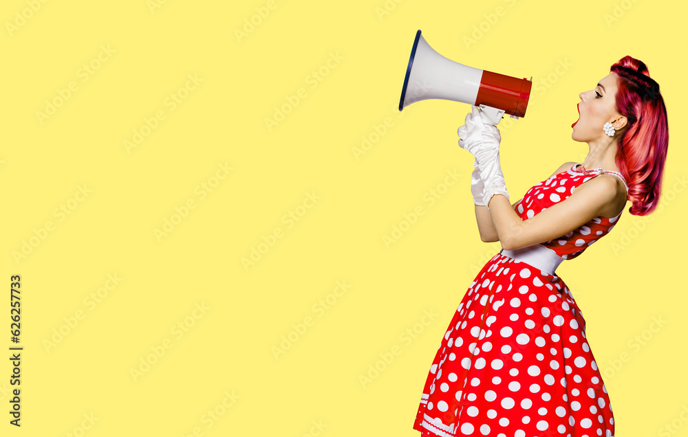 Beauty red purple haired woman holding megaphone, shout advertising ...