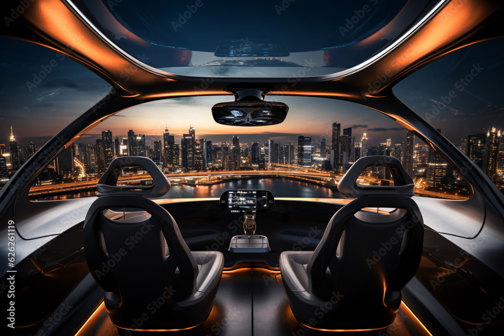Air taxi window view of city at night. Air vehicle. Personal air ...
