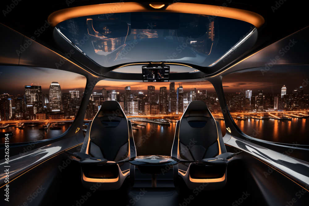 Air taxi and city view at night. Air vehicle. Personal air transport ...