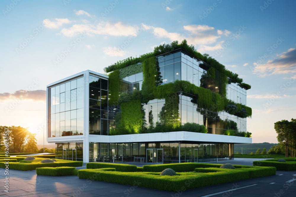 Eco-friendly building in the modern city. Sustainable glass office ...