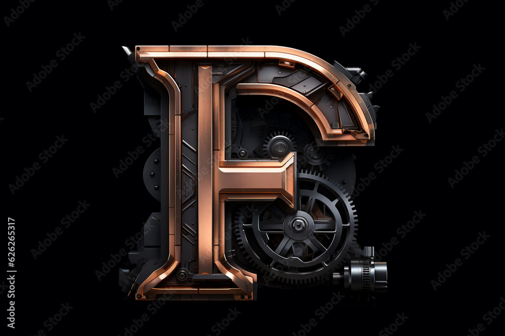 Shiny metal alphabet with gears and rivets isolated on black background ...