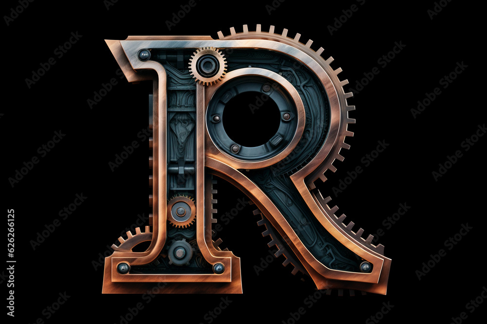 Shiny metal alphabet with gears and rivets isolated on black background ...