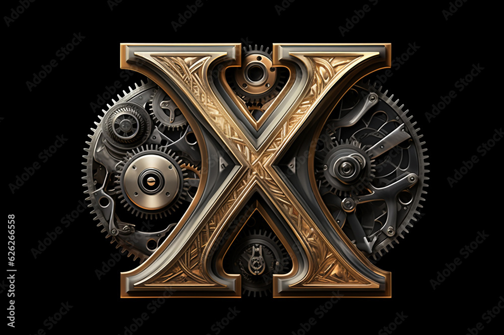 Shiny metal alphabet with gears and rivets isolated on black background ...